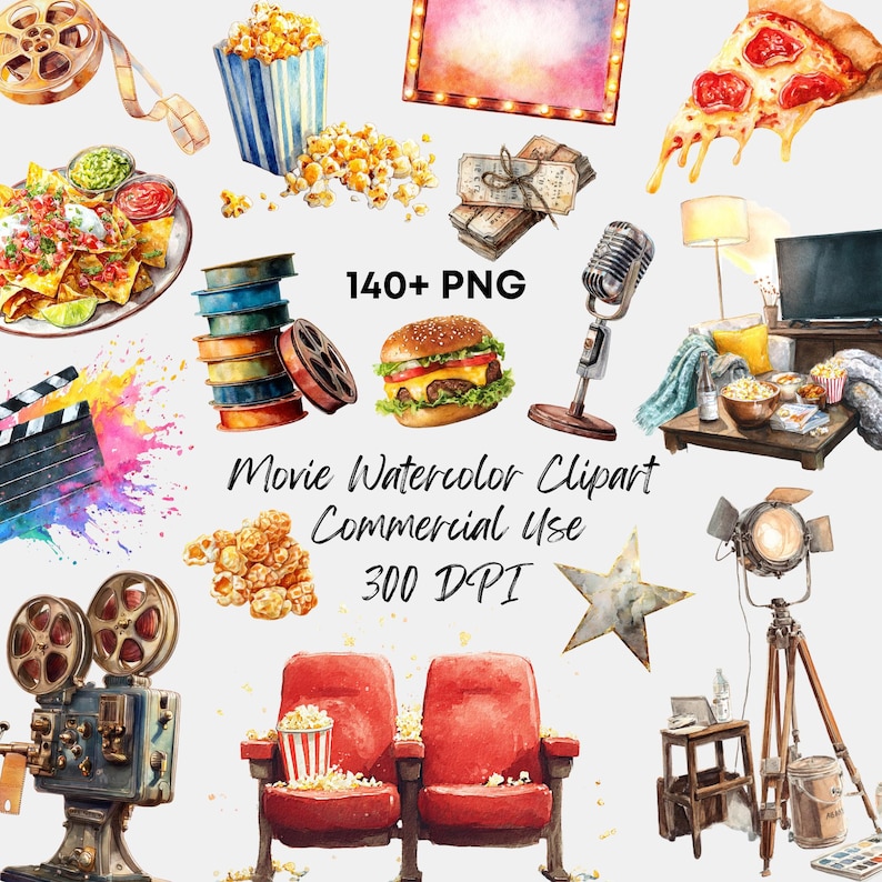 Watercolor Movie Night Clipart Bundle | Cinema Pngs (140+) - Etsy Australia