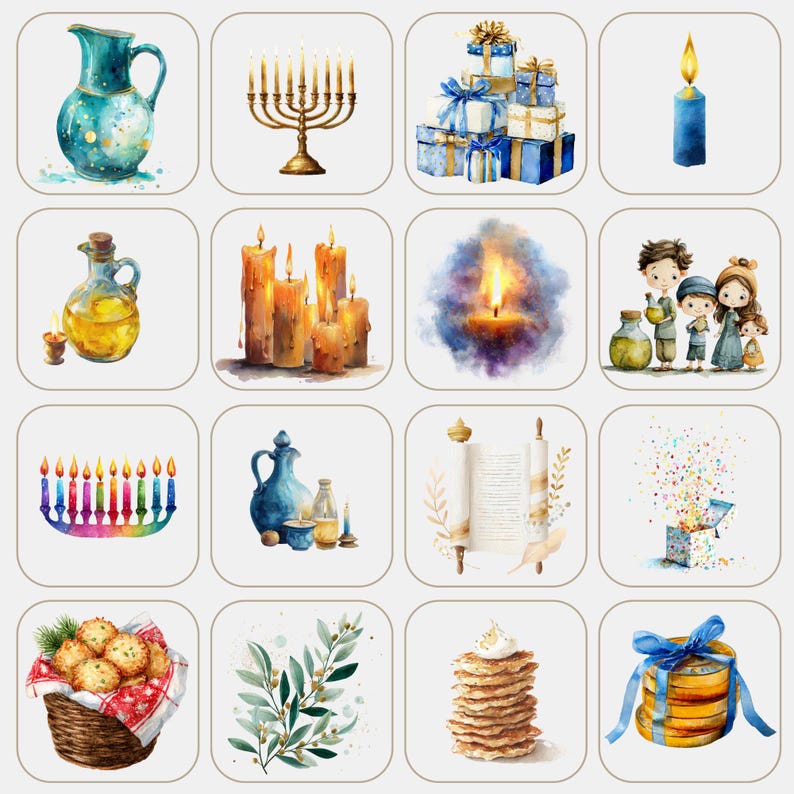 Watercolor Hanukkah Clipart: Menorah, Dreidel, Latkes (240 PNG ...