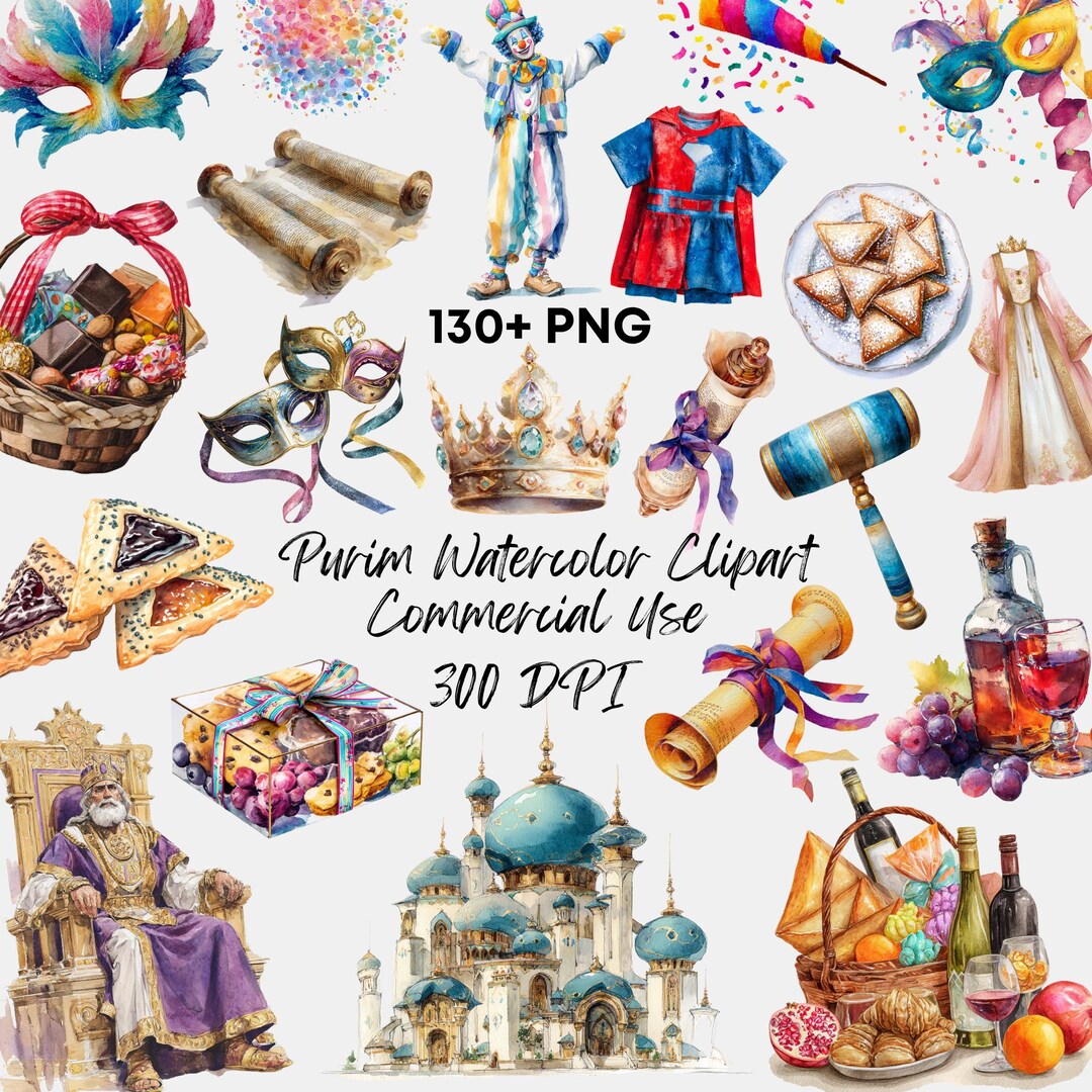 Purim Watercolor Clipart Bundle | 130+ PNG, Masks, Costumes - Etsy