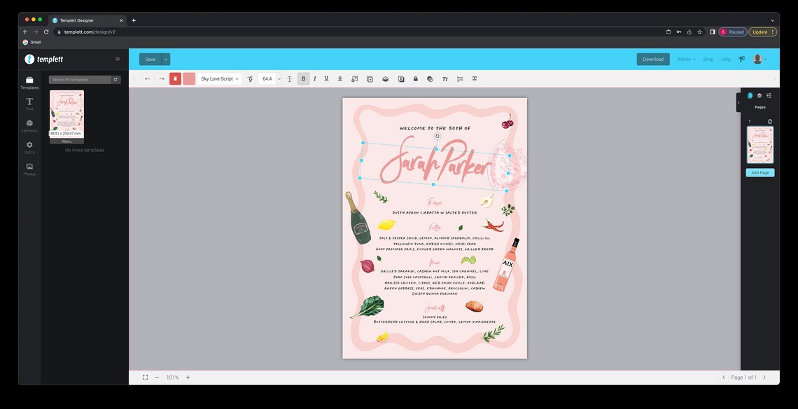 Hand-drawn Menu, Editable, Printable Menu - Wedding Menu Stationery ...