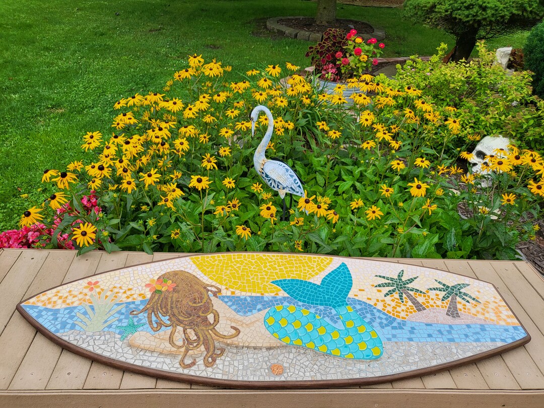 Mosaic Tile Surfboard Mermaid Star Fish Coral Palm Trees Ocean Sunset ...