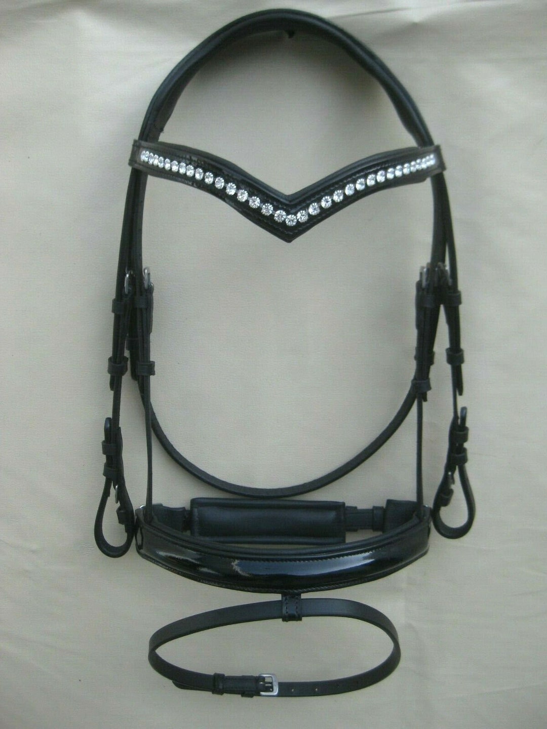 Dressage Bridle Black Leather V Shape Browband Silver Chain on With 6 ...