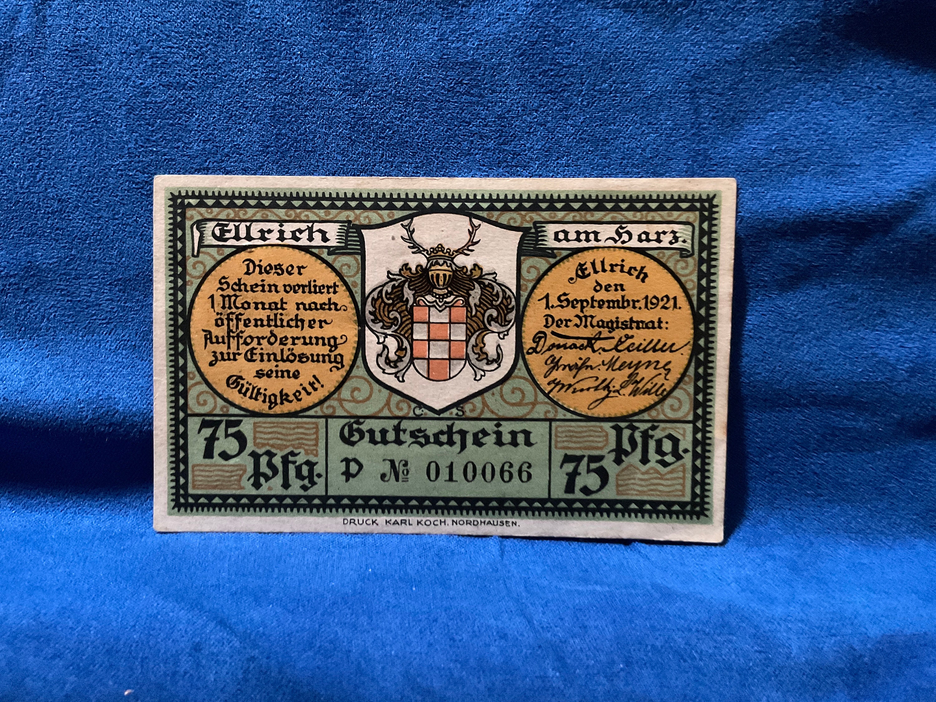 Germany 75pf 1921 Ellrich Harz Old German Notgeld Banknote - Etsy