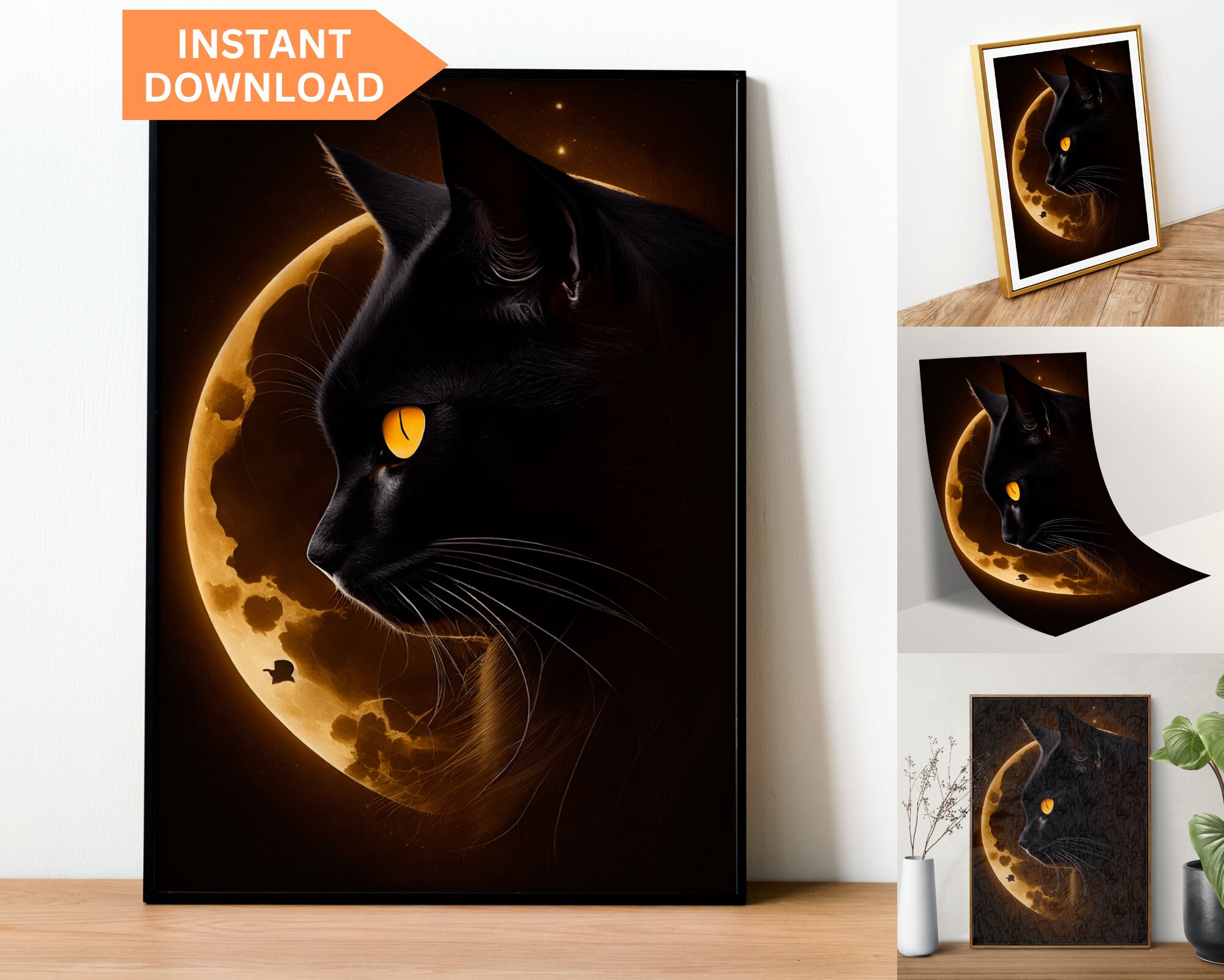 Halloween Black Cat Digital Printable Wall Art, 5 JPG Files, 17 Frame ...