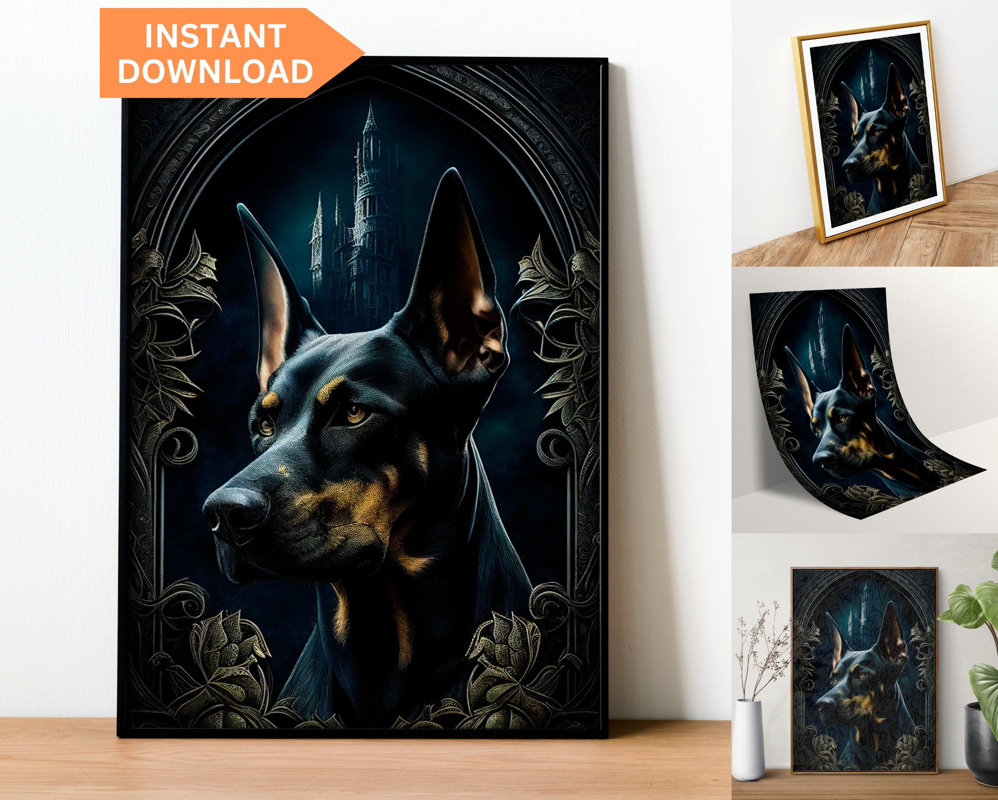 Gothic Style Doberman Digital Printable Wall Art, 5 JPG Files, 17 Frame ...