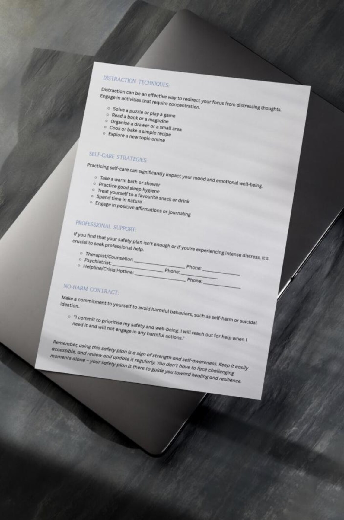 Suicide Prevention Safety Plan, Mental Health Resource, Crisis ...