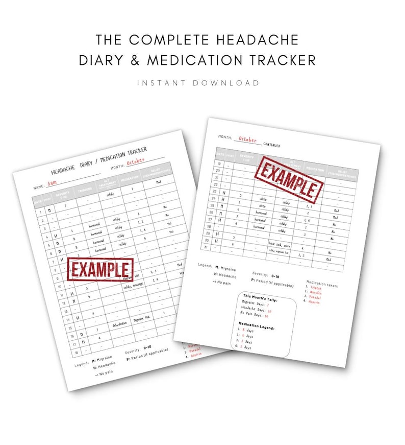 Headache Diary Medication Tracker Migraine Log, Pain Journal, Health ...