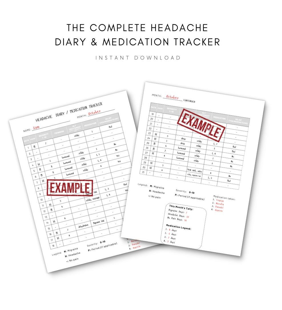 Headache Diary Medication Tracker Migraine Log, Pain Journal, Health ...