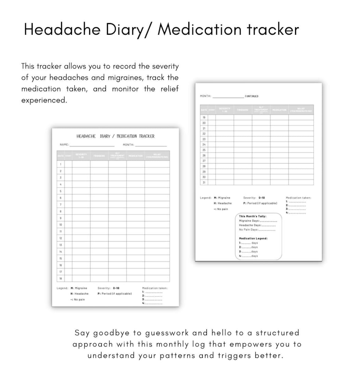 Headache Diary Medication Tracker Migraine Log, Pain Journal, Health ...