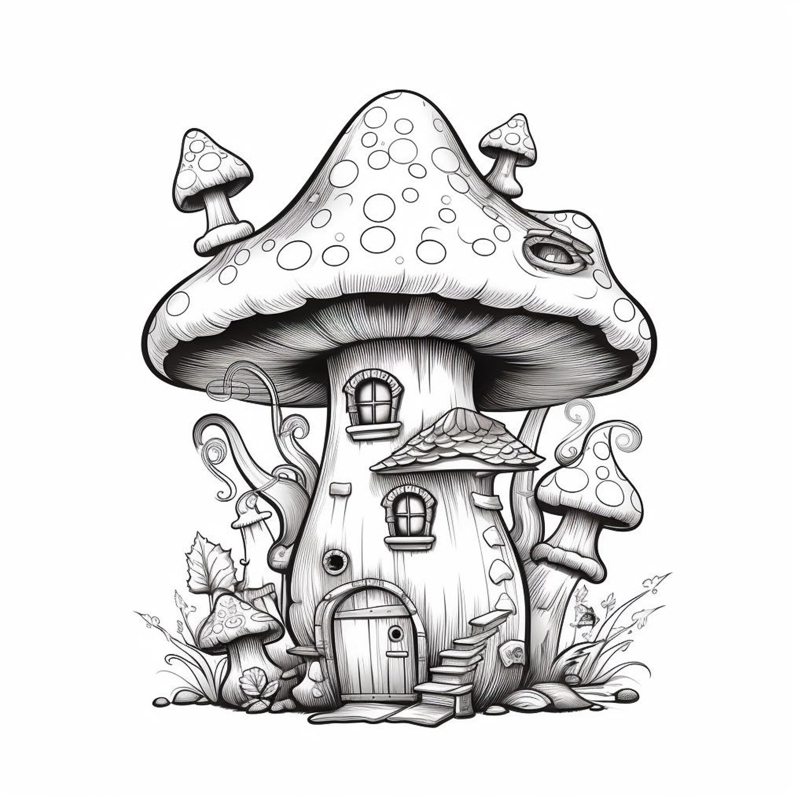 25 Mushroom House Coloring Book Pages for Kids and Adults, PDF ...