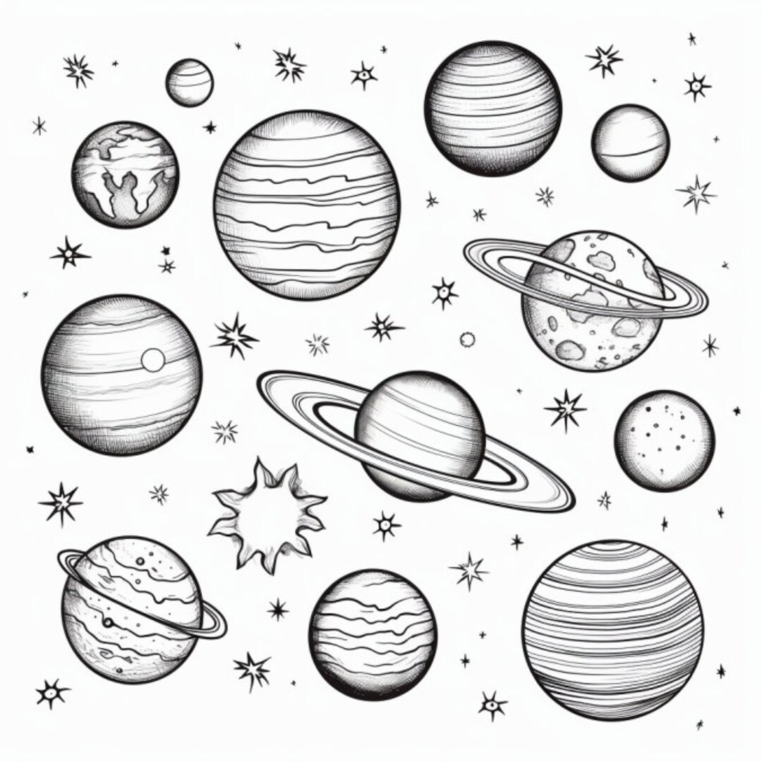 24 Space Planets Coloring Pages: Grayscale for Kids & Adults (PDF ...