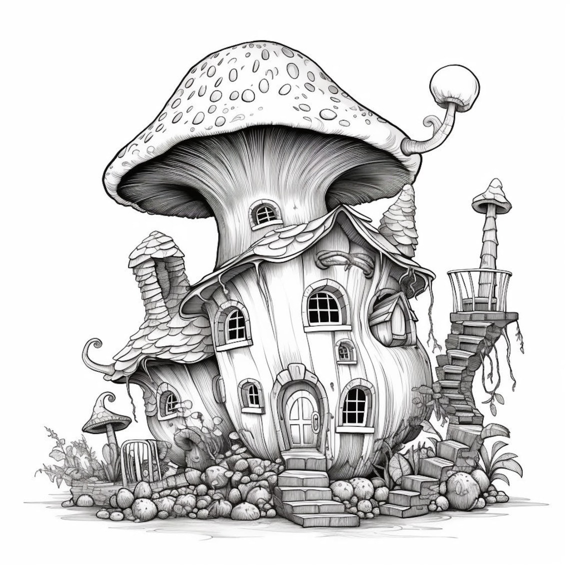 25 Mushroom House Coloring Book Pages for Kids and Adults, PDF ...