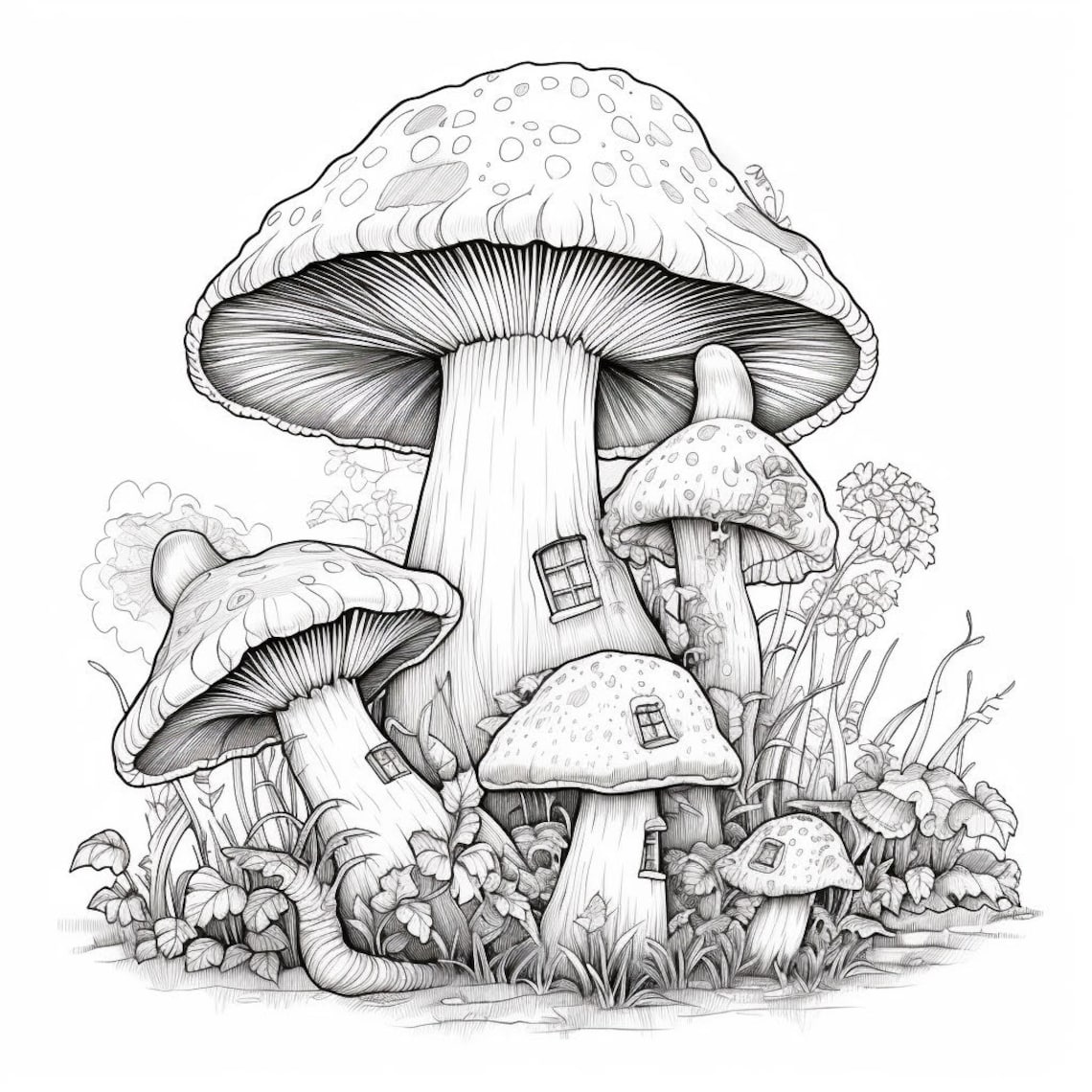 25 Mushroom House Coloring Book Pages for Kids and Adults, PDF ...