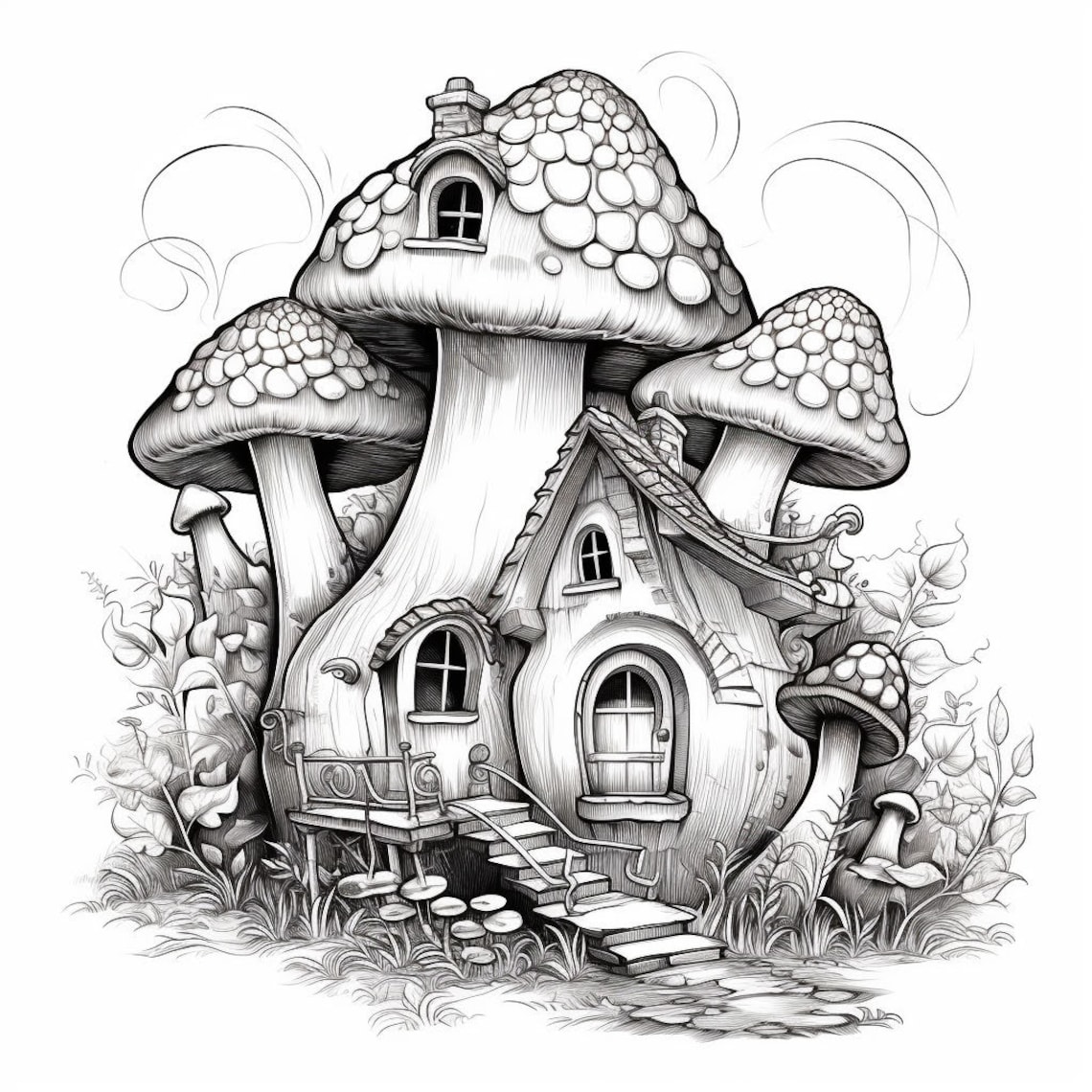 25 Mushroom House Coloring Book Pages for Kids and Adults, PDF ...