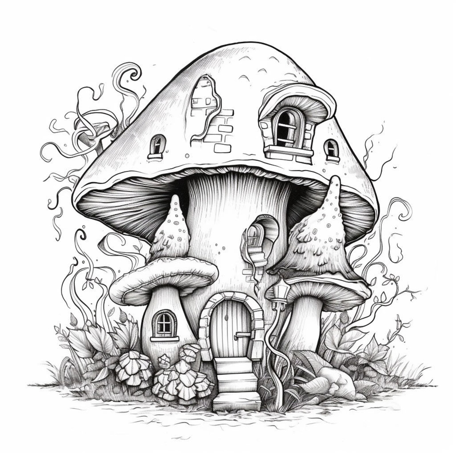 25 Mushroom House Coloring Book Pages for Kids and Adults, PDF ...