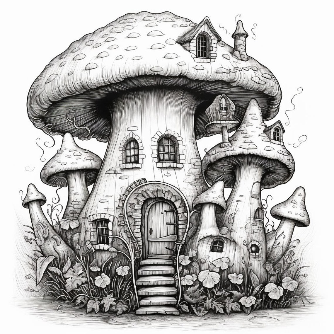 25 Mushroom House Coloring Book Pages for Kids and Adults, PDF ...