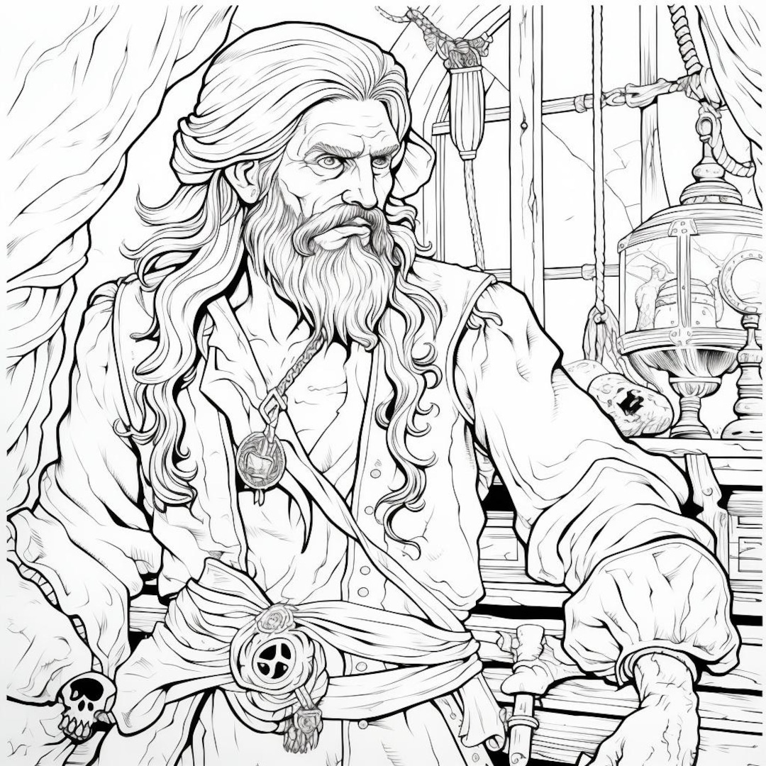 Pirate Adventure Coloring Pages: Grayscale Illustrations (digital ...