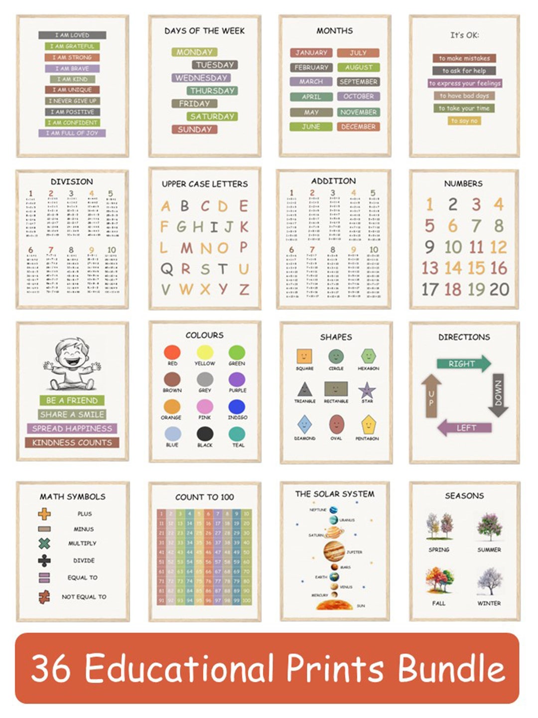Set of 36 Educational Posters, Homeschool Printables, Toddler Playroom ...