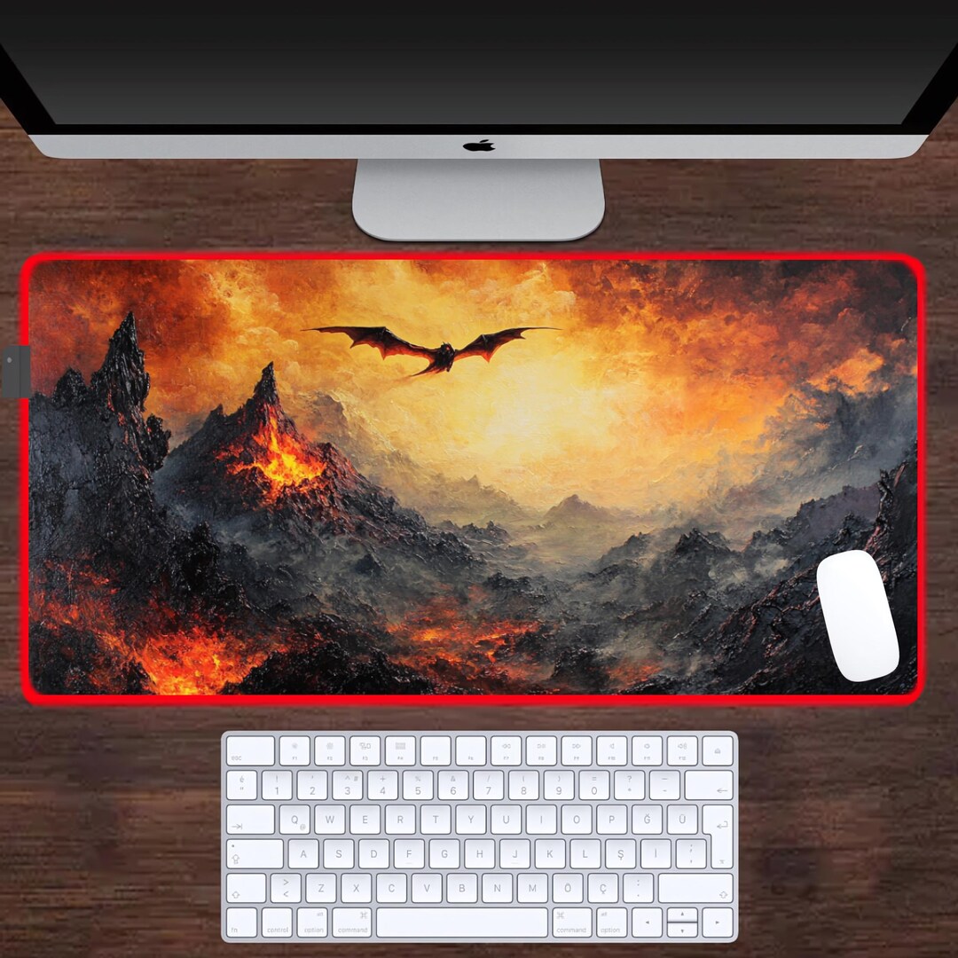 RGB Dragon Mousepad, Fantasy Fiery Dragon, LED Deskmat, Fiery Volcano ...