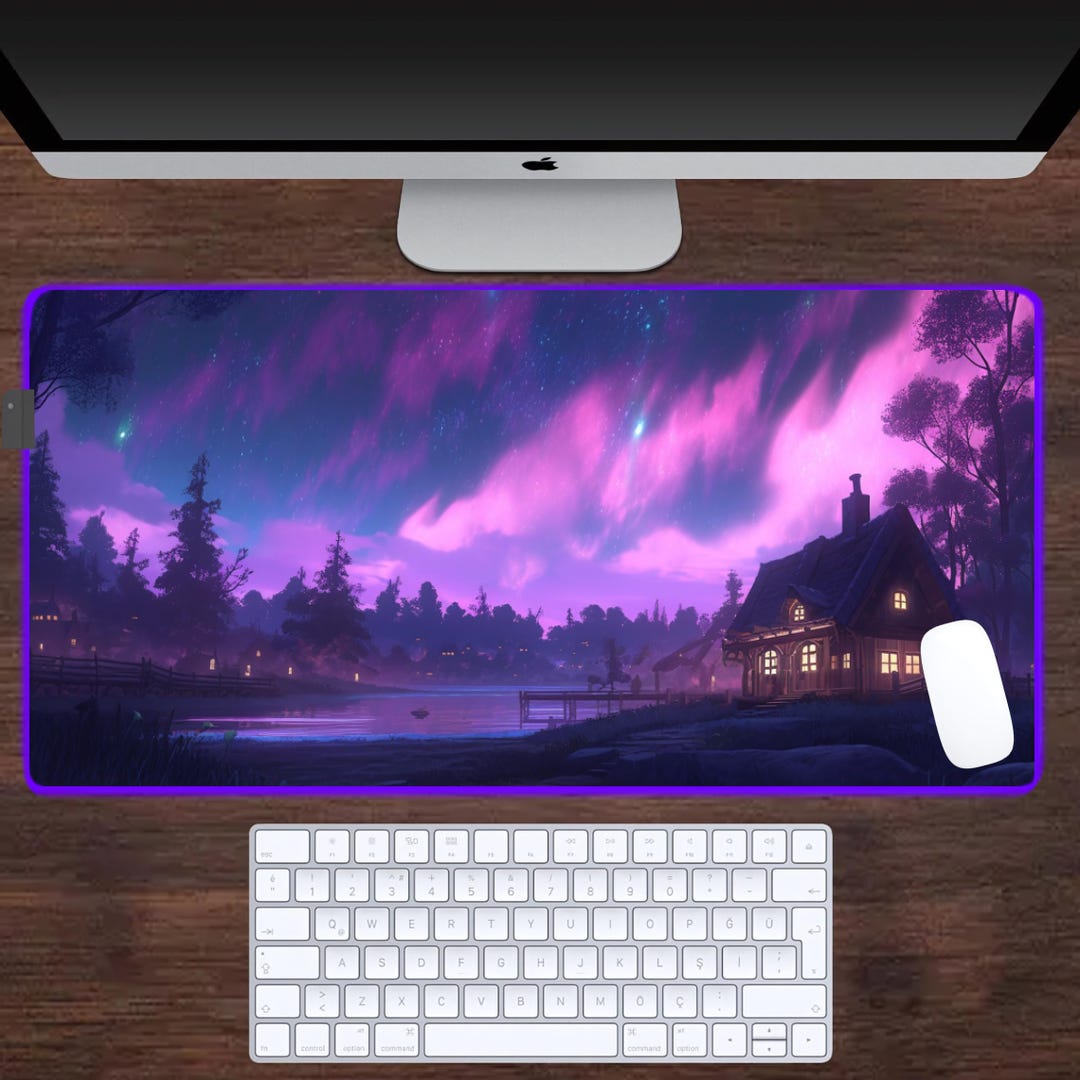 RGB Purple Aurora Borealis Mousepad, Northern Lights Desk Mat, Night Sky Desk Decor, Aurora ...