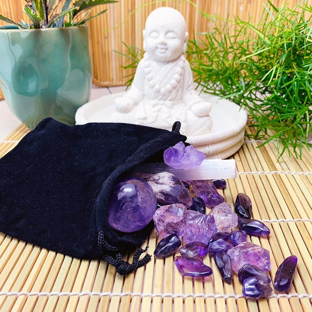 Amethyst Crystal Gemstone Pouch Set – Selenite Stick, Velvet Bag - Etsy