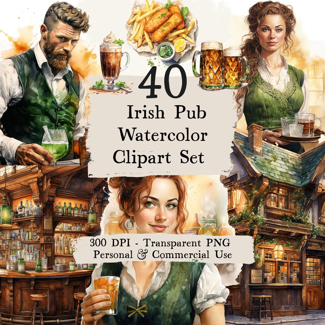 Irish Pub Watercolor Clipart Set - Bartenders, Barmaids, Irish Food ...