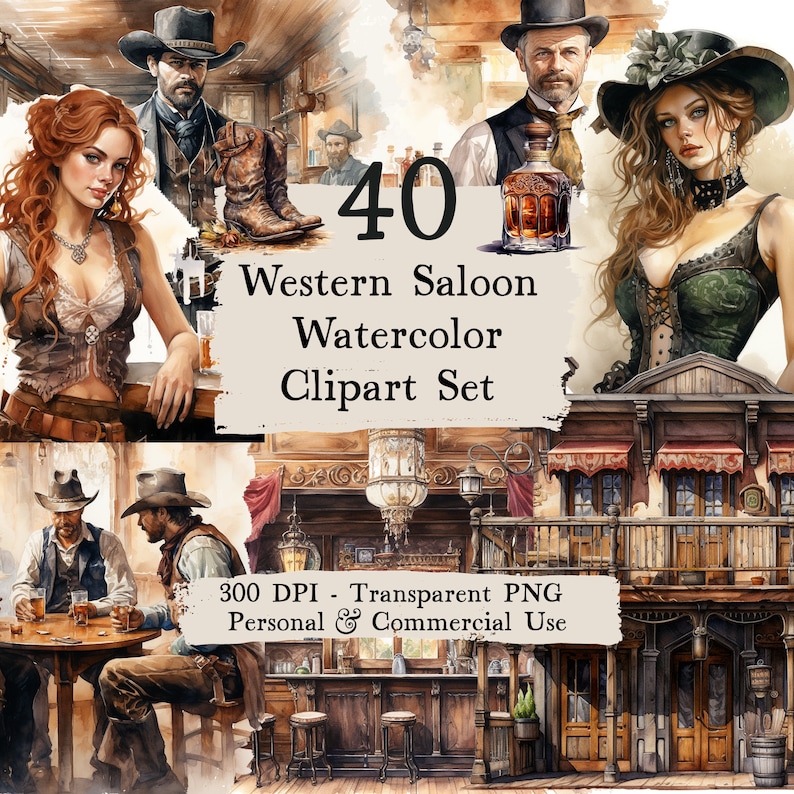 Western Saloon Watercolor Clipart Set - Clip Art Bundle, Western, Wild ...