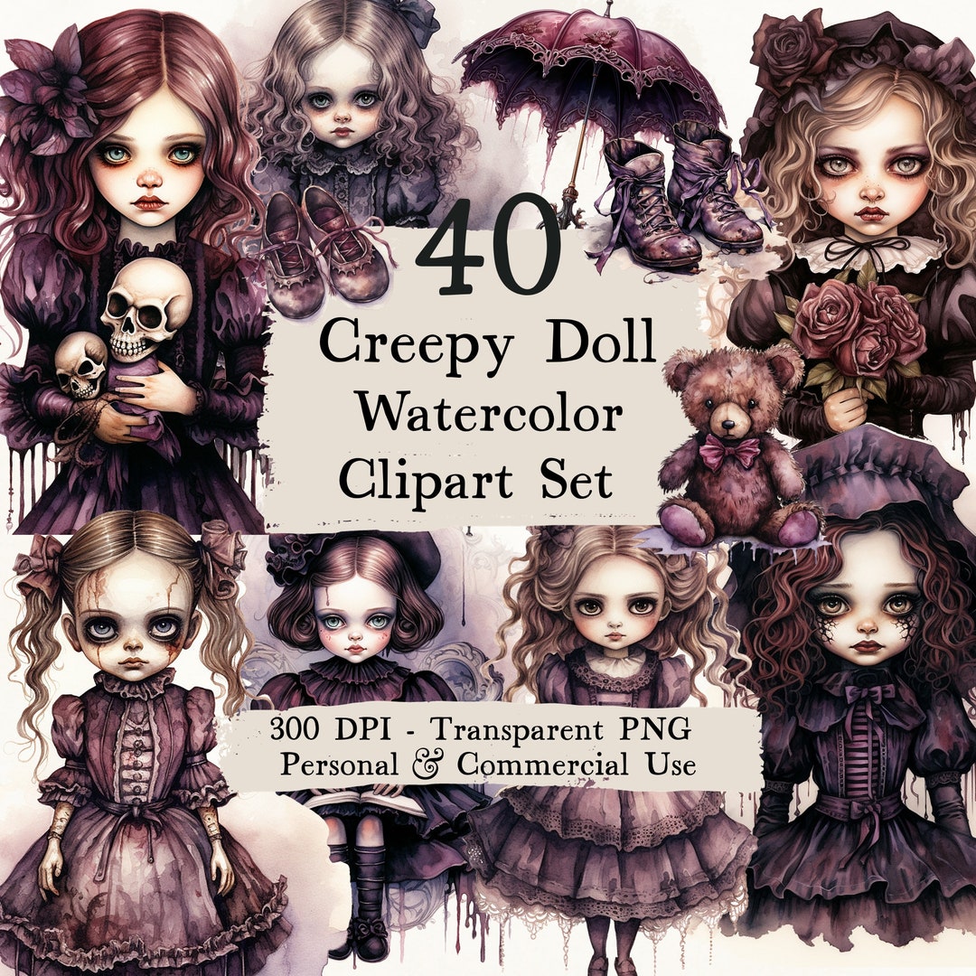 Creepy Doll Watercolor Clipart Set - Halloween Clipart Bundle ...