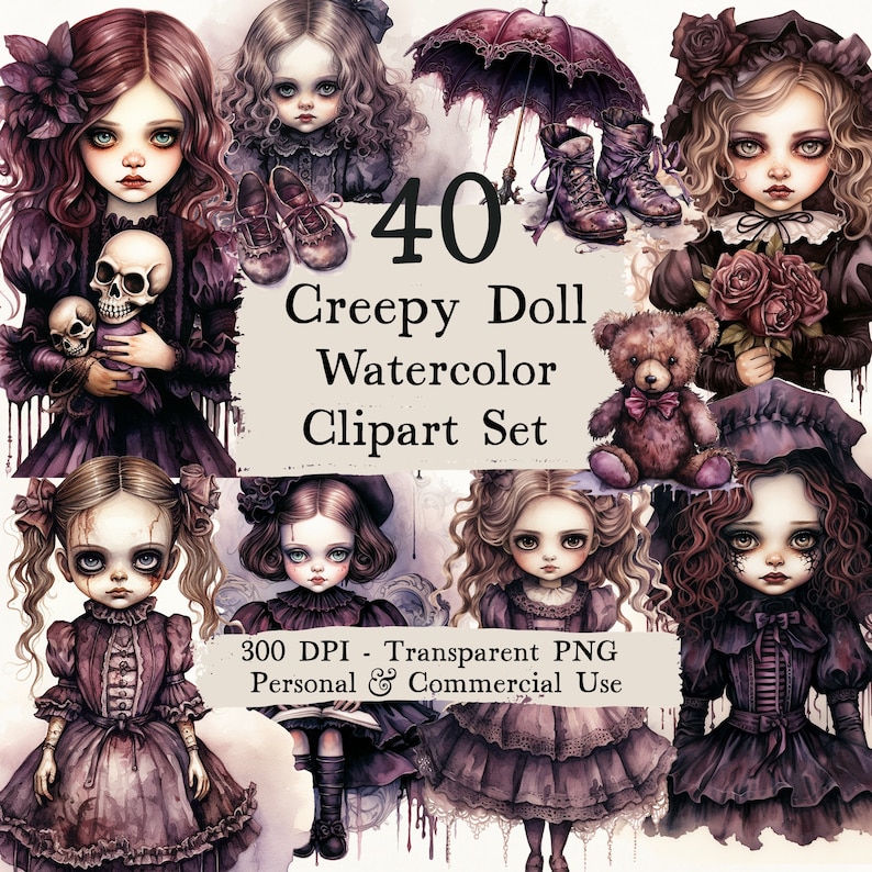 Creepy Doll Watercolor Clipart Set - Halloween Clipart Bundle ...