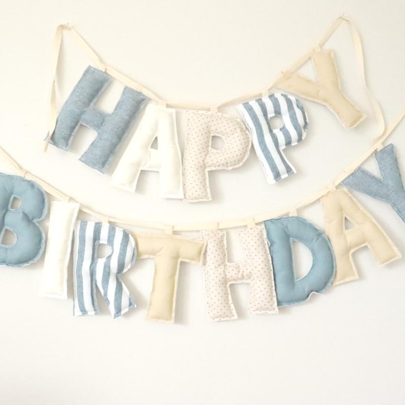 Custom Fabric Happy Birthday Banner Party Decoration Blue Bunting Boy ...