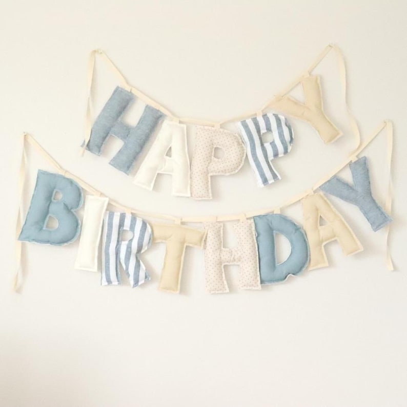 Custom Fabric Happy Birthday Banner Party Decoration Blue Bunting Boy ...