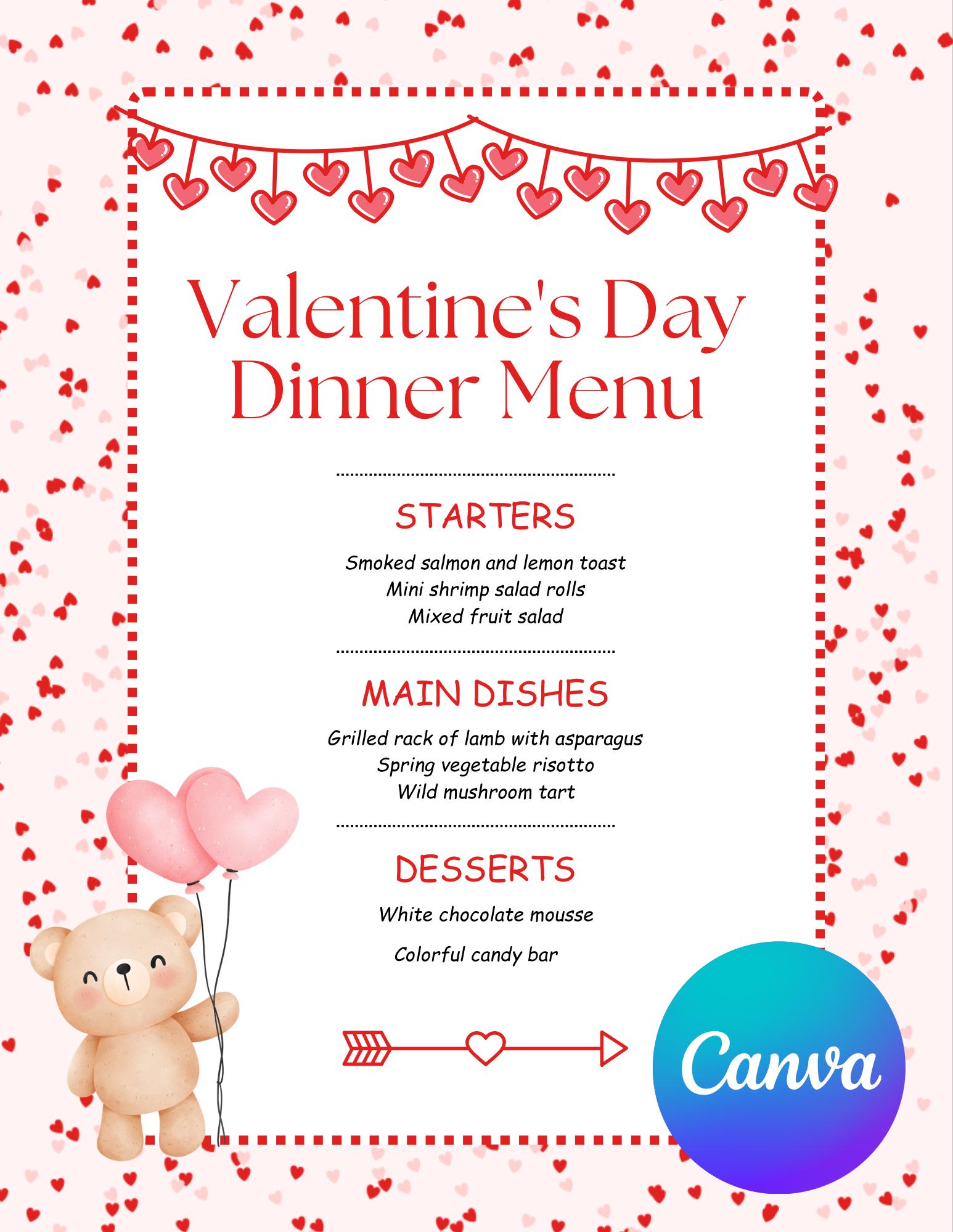 Valentine’s Day Dinner at Home Menu Template_ Template for Canva ...