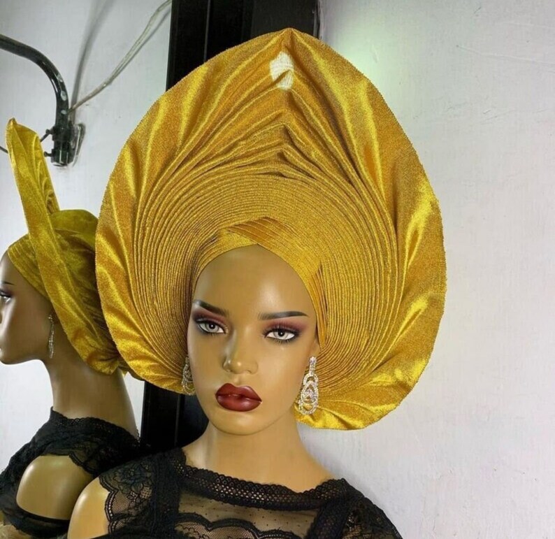 Gold Fan Autogele, Bridal Headgear, Bridal Turban, African Party Gele ...