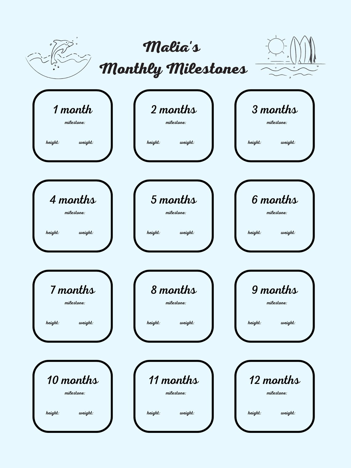 Custom Baby Monthly Milestones Print to Fill-in 18” X 24”, Minimal Blue ...
