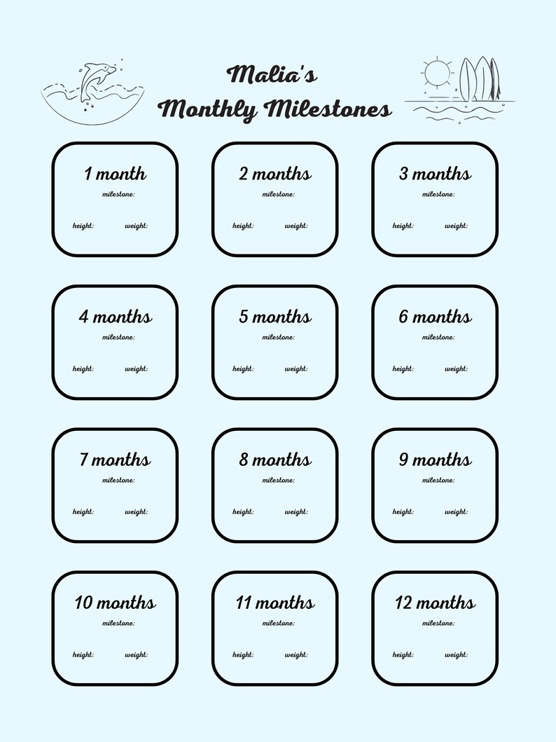 Custom Baby Monthly Milestones Print to Fill-in 18” X 24”, Minimal Blue ...