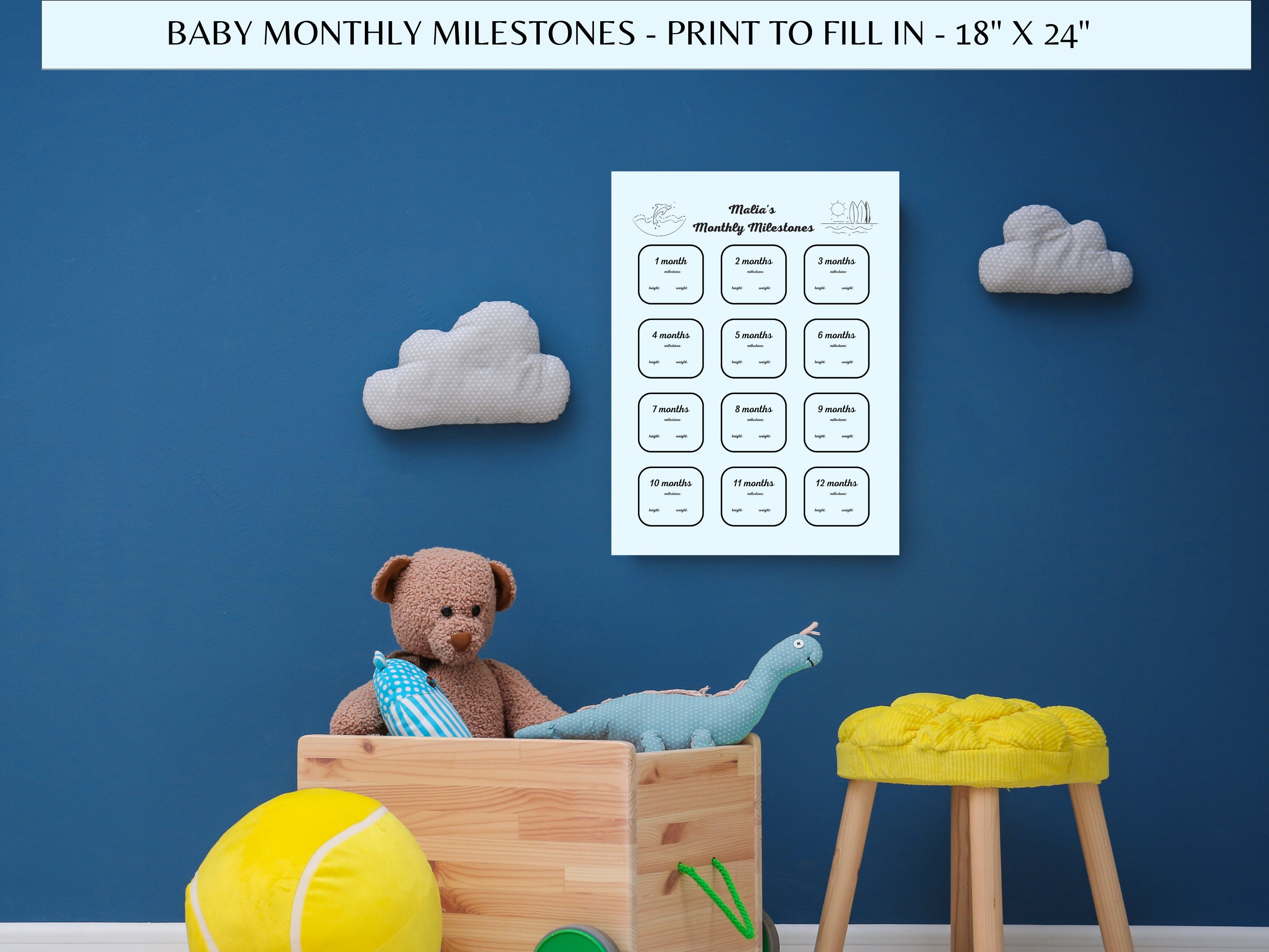 Custom Baby Monthly Milestones Print to Fill-in 18” X 24”, Minimal Blue Ocean Dolphin and Surf ...