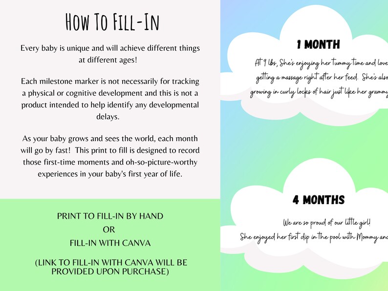 EDITABLE Print to Fill-in Baby Monthly Milestones 18" X 24 ...