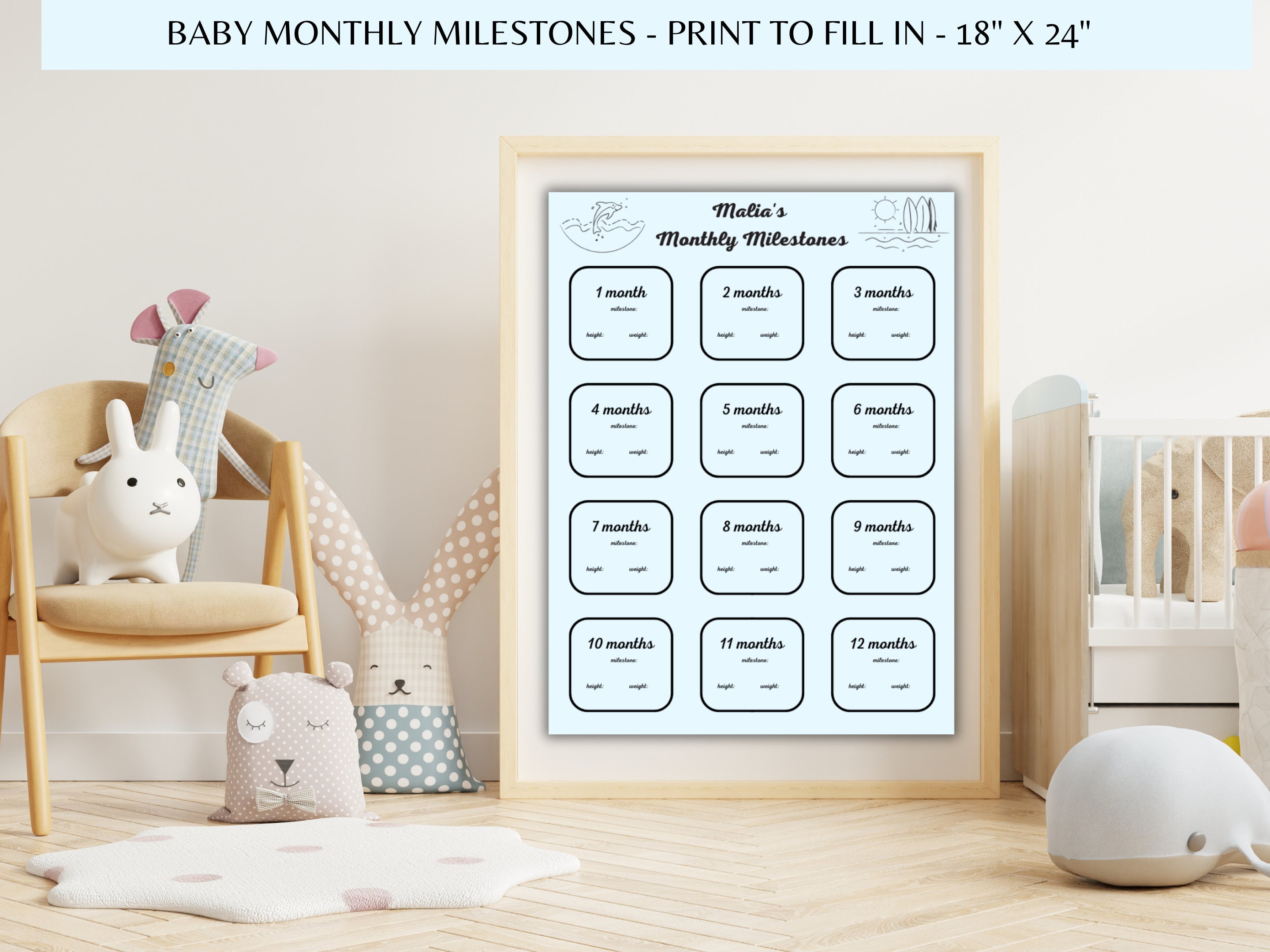 Custom Baby Monthly Milestones Print to Fill-in 18” X 24”, Minimal Blue ...