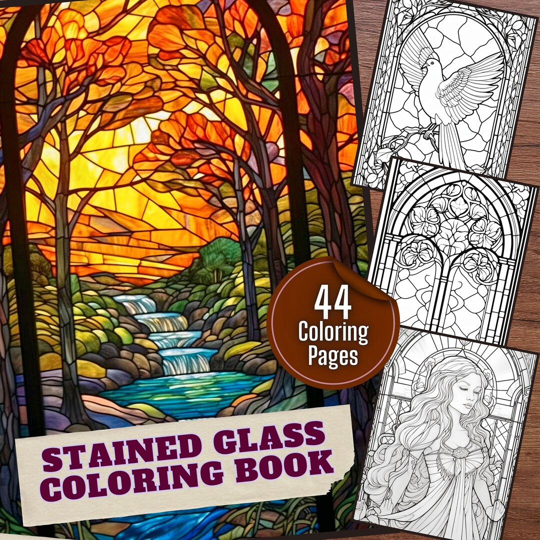 Stained Glass Color Page - Set of 44 Print Pages, Color Book for Adults ...