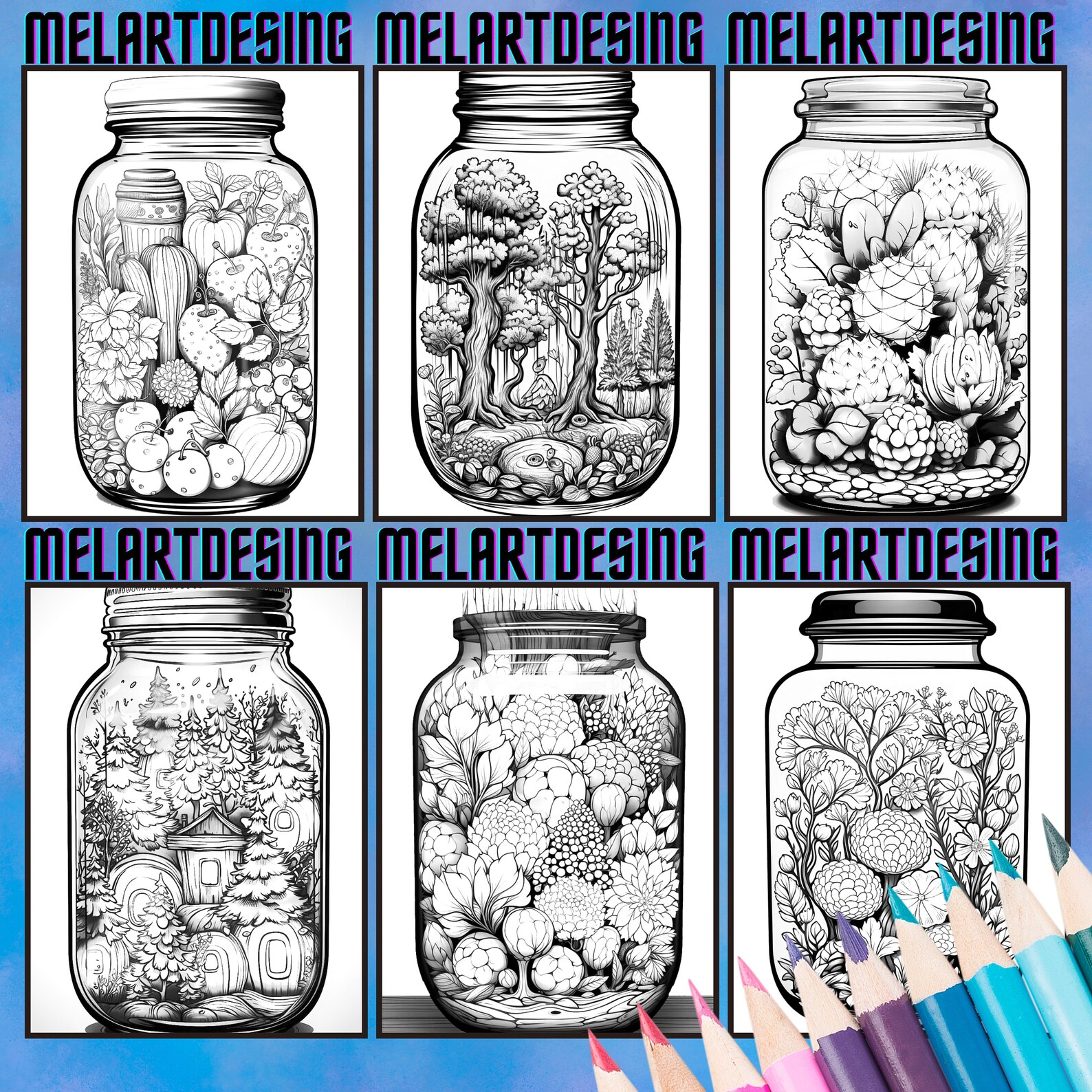 World in a Jar Coloring Pages Set of 40 Printable Pages, Coloring Book ...