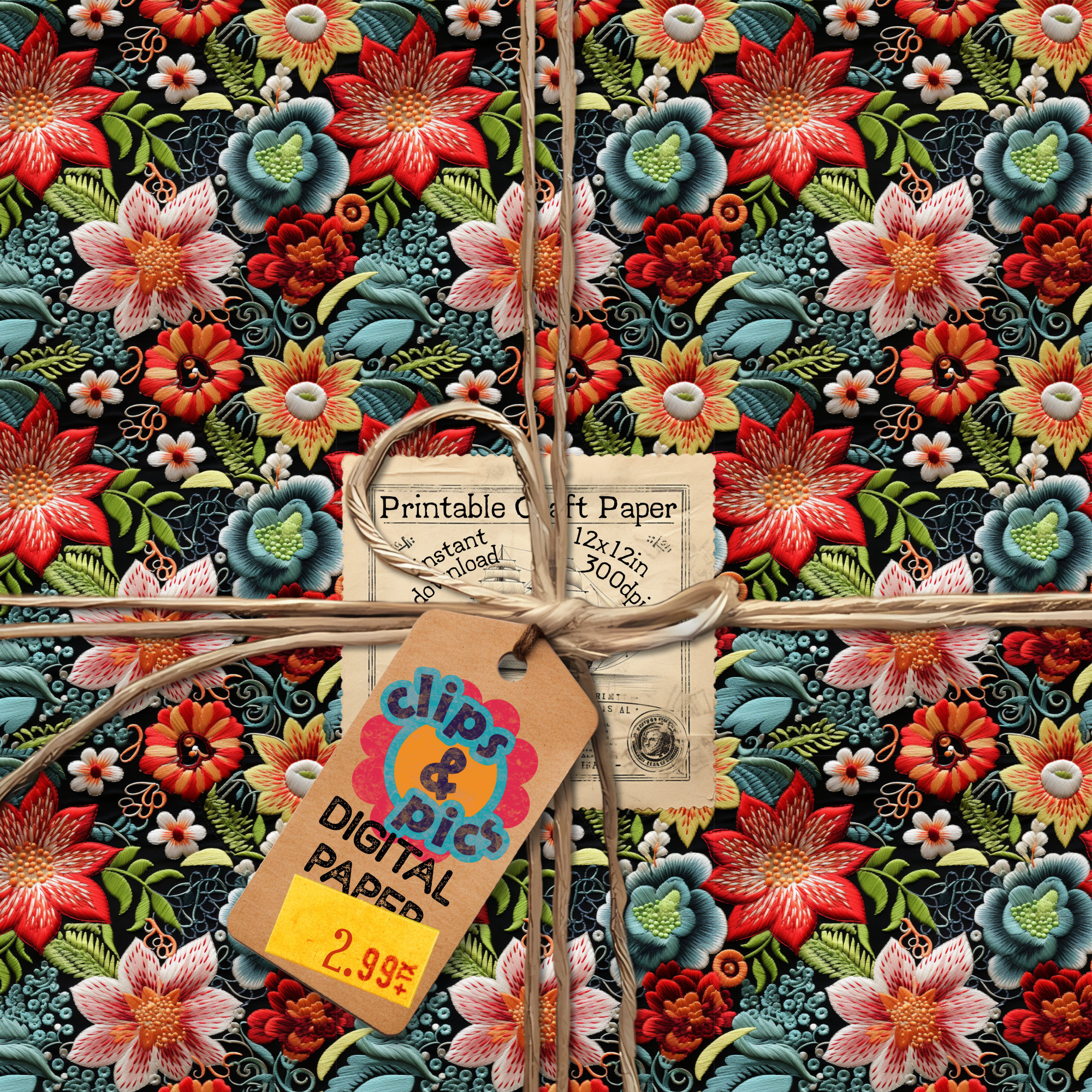 Embroidered Floral Textures Digital Paper Pack, Seamless Patterns ...