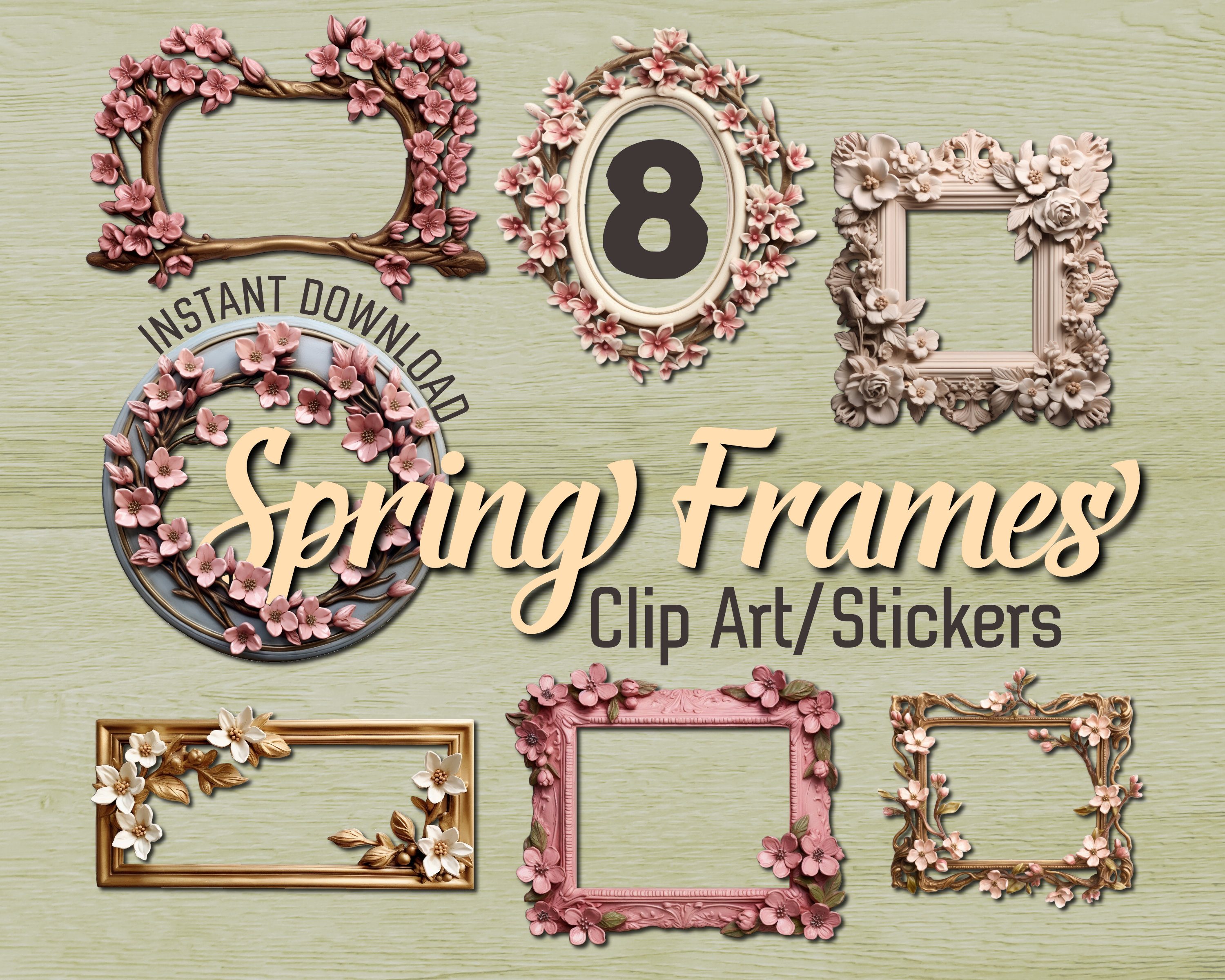 Spring Frames Clip Art: Vintage Floral Photo Frame PNG Bundle ...
