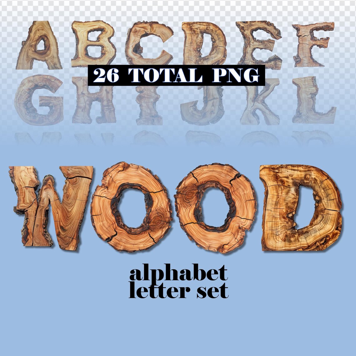 Sliced Wood Letters: Full Alphabet PNG Set on Transparent Backgrounds ...
