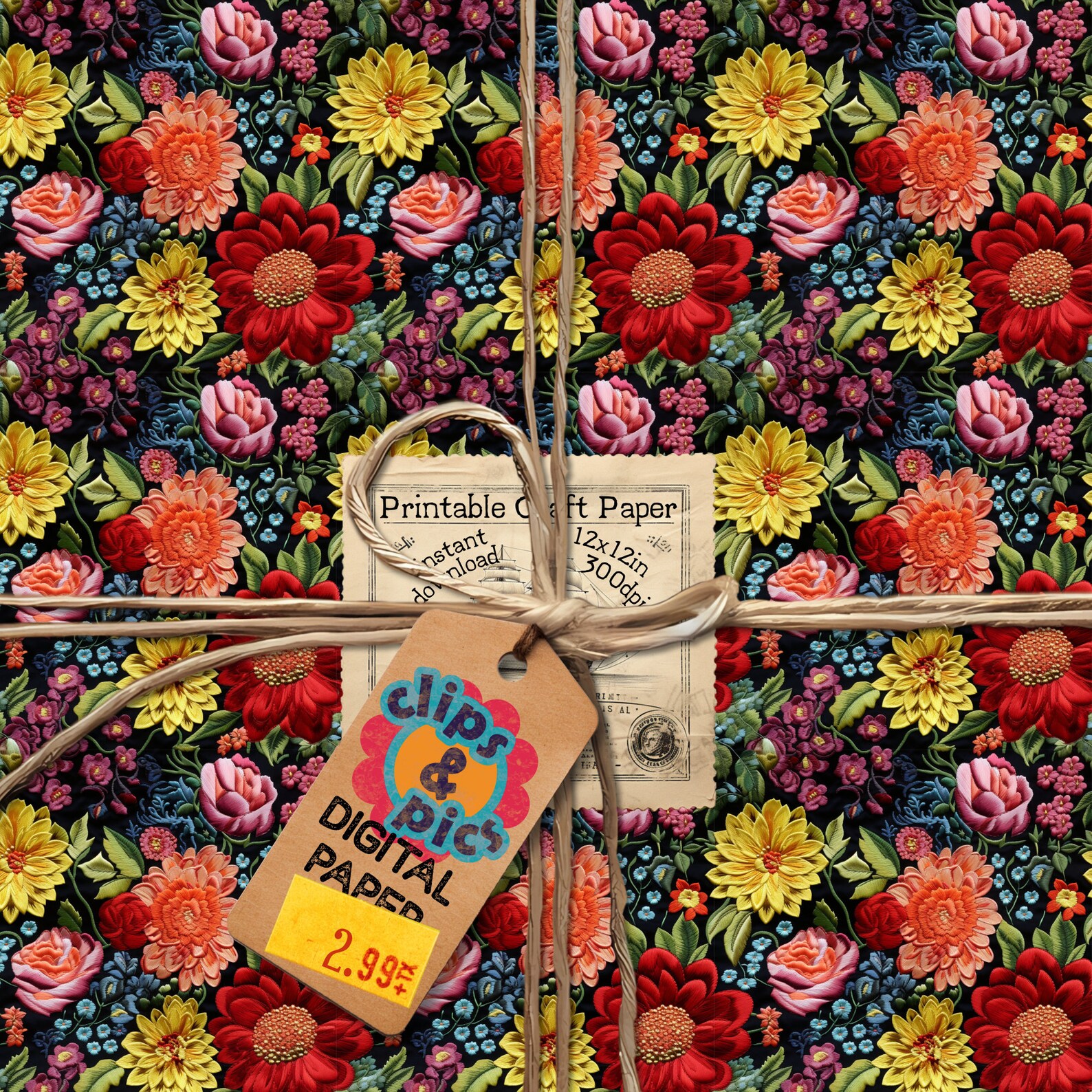 Embroidered Floral Textures Digital Paper Pack, Seamless Patterns ...