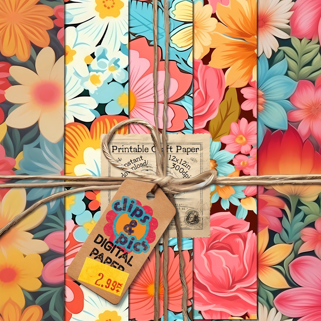 Groovy Flowers Printable Digital Paper Pack, 5 Seamless Repeat Patterns ...