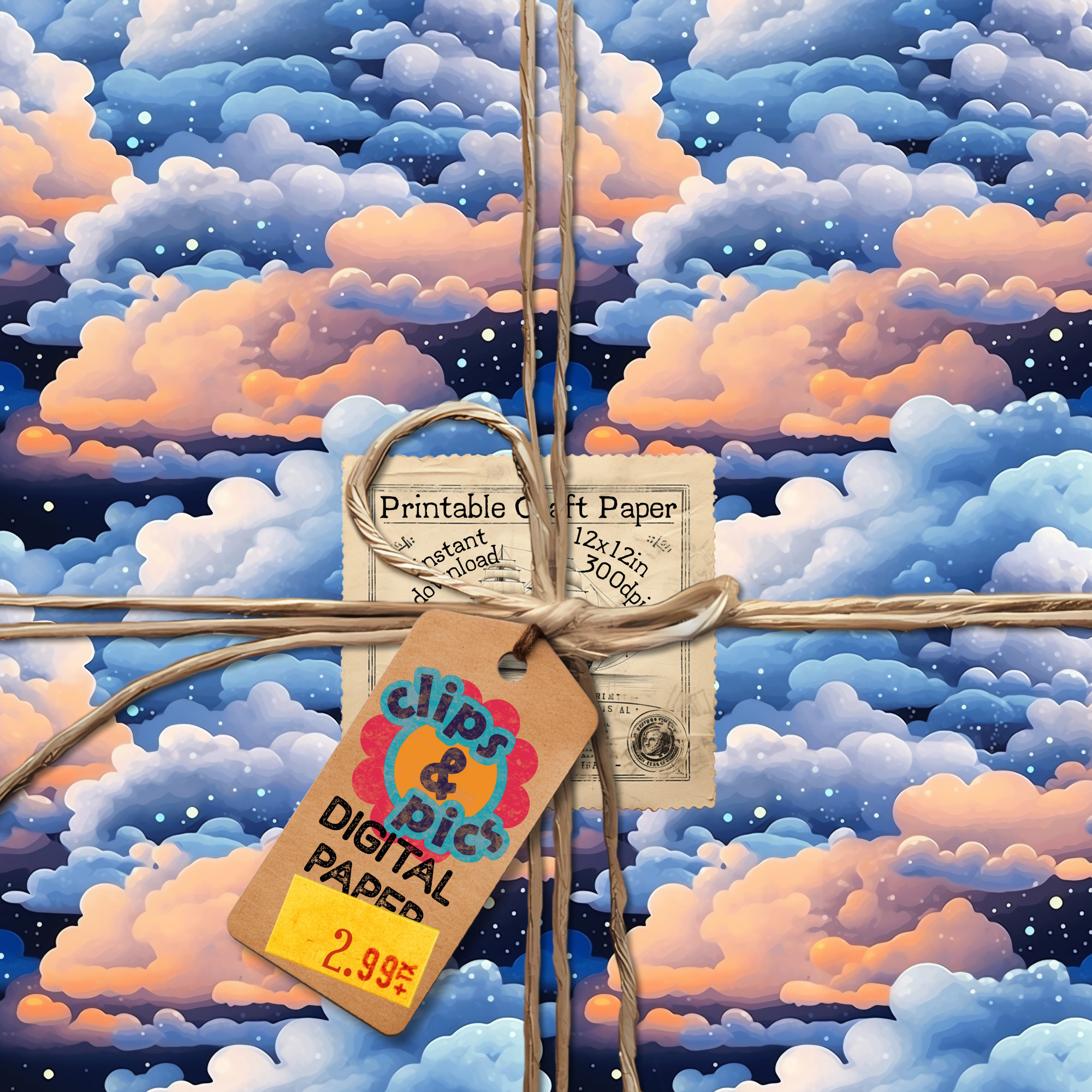 Illustrated Clouds Digital Paper Pack, Seamless Repeat Patterns ...