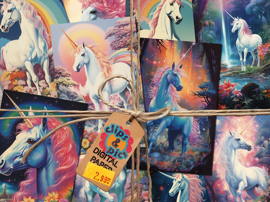 Retro Unicorn Half Papers, Vintage Style PNG Clipart, 5.5 by 8.5 Inch ...