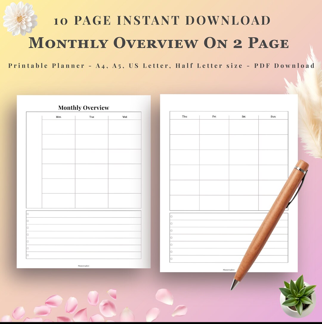 Undated Monthly Overview Printable, Month on Two Pages, Month at a ...