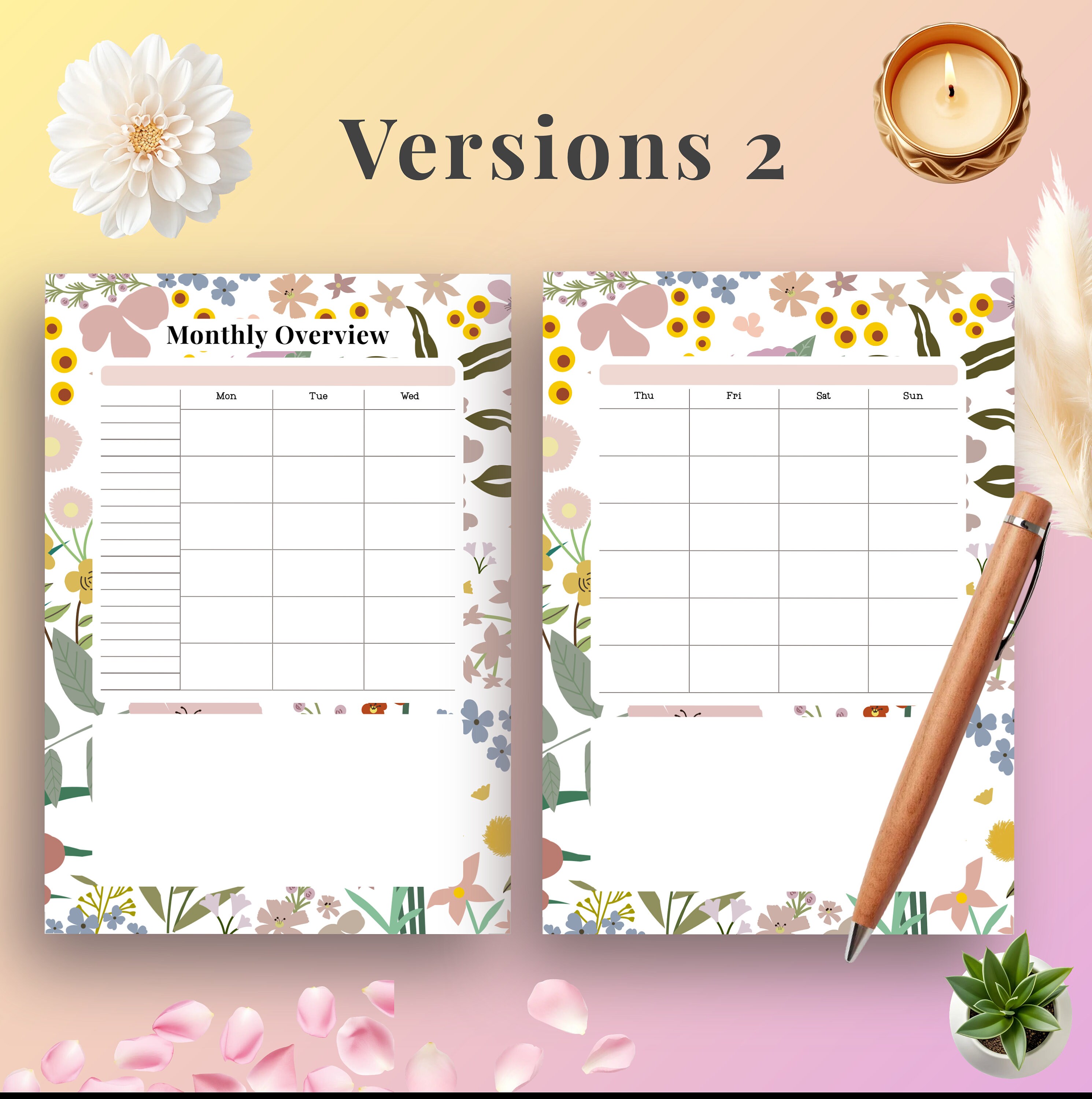 Undated Monthly Overview Printable, Month on Two Pages, Month at a ...