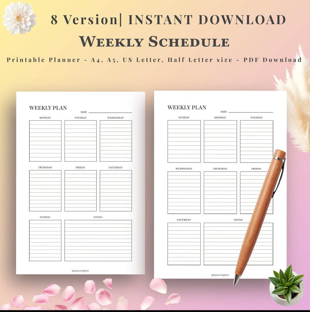 Five Day Weekly Planner Printable to Do List, Weekly Schedule, Week at ...